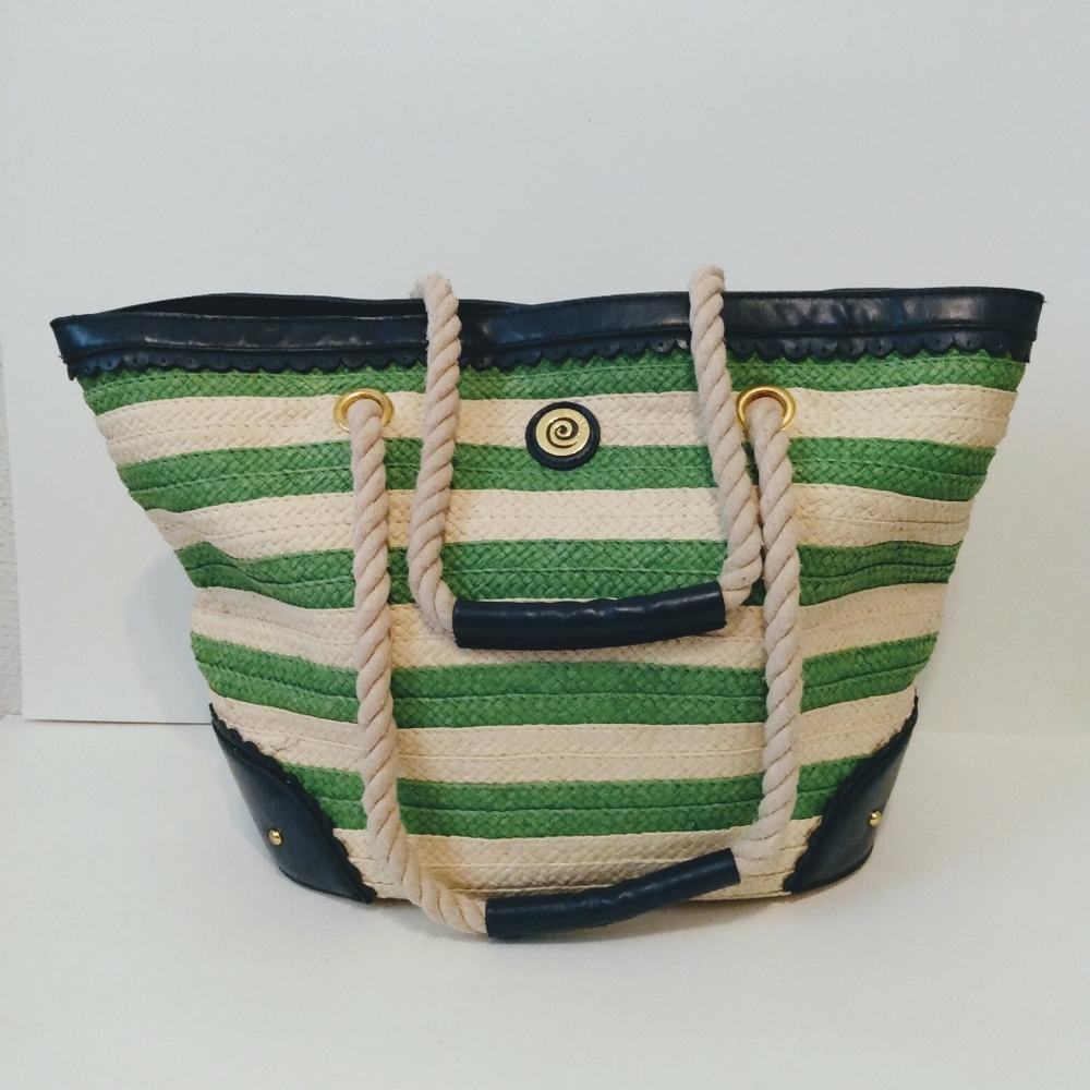 Mudpie Paper Faux Leather Green Cream Rope Double Han… - Gem